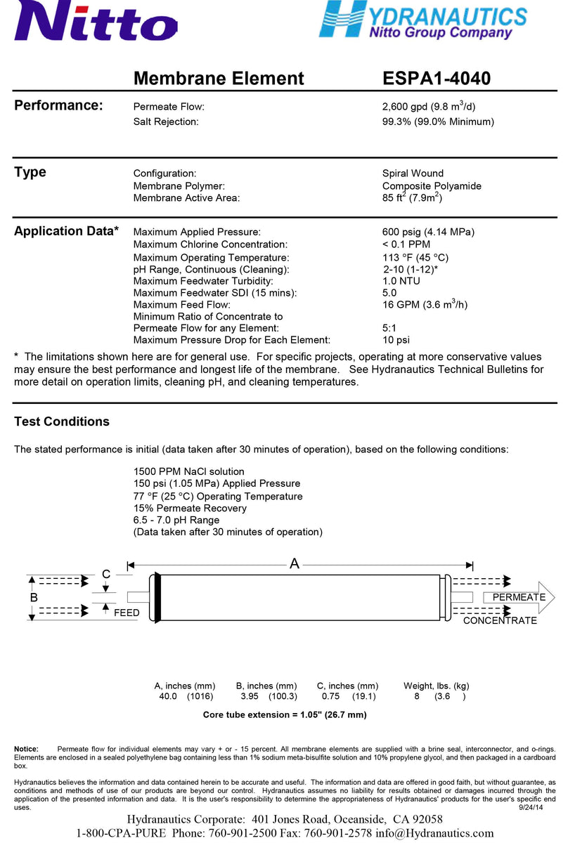 ESPA1-4040 Hydranautics / Nitto 150 PSI 2,600 GPD 4 x 40 inch Membrane ...