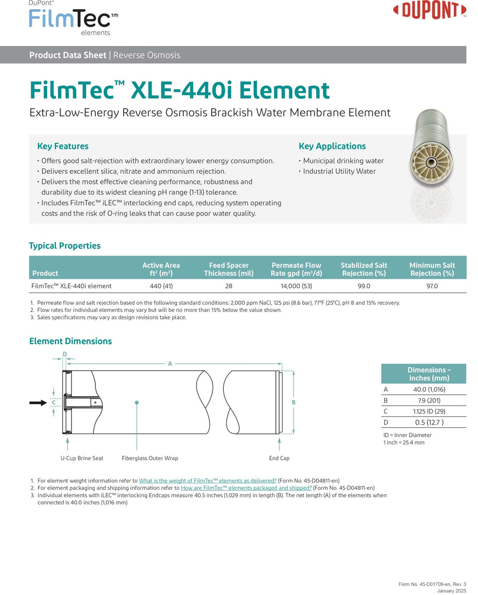 XLE-440i FilmTec™ DOW / DuPont 600 PSI 14,000 GPD 8 x 40 inch Membrane ...